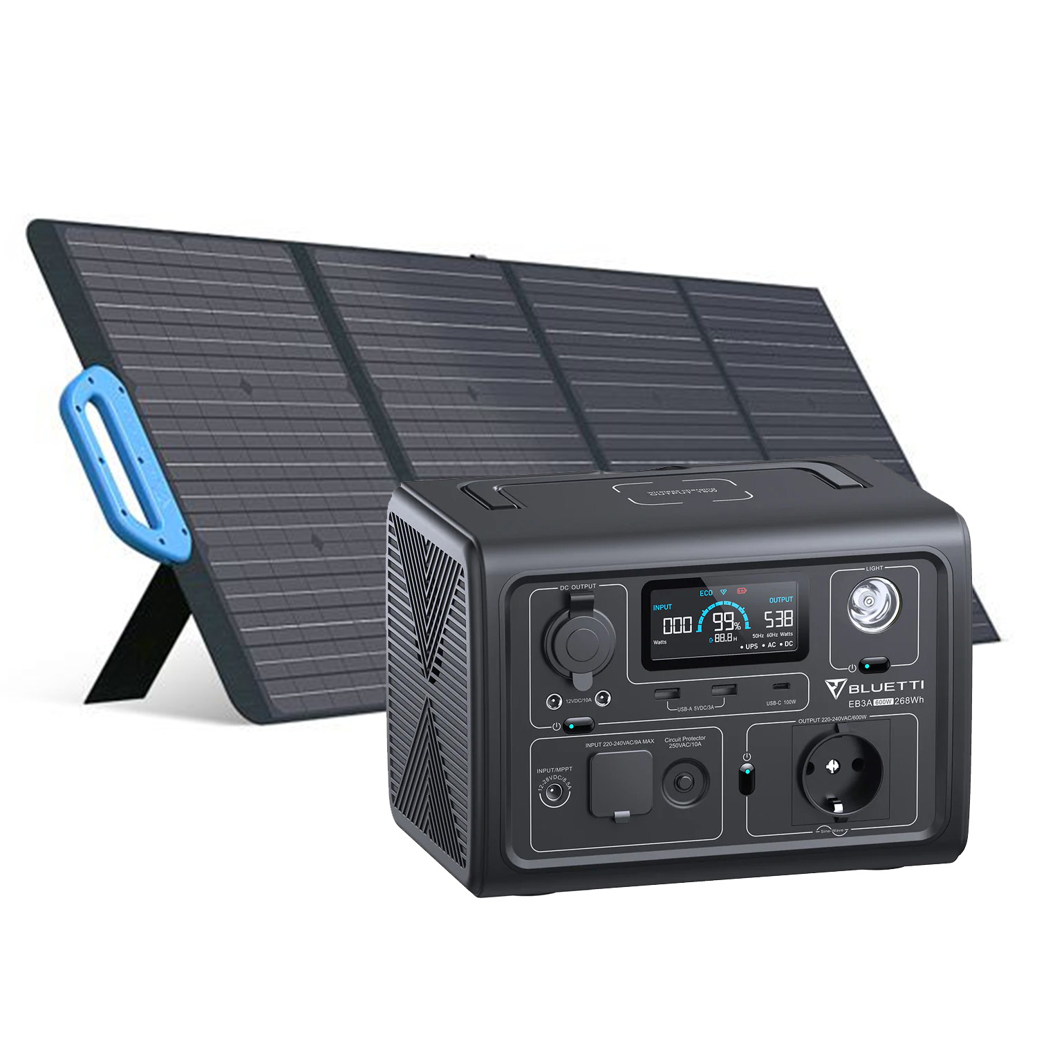 Bluetti EB3A hordozható erőmű (268 Wh/600W) + Bluetti PV200 200W ...